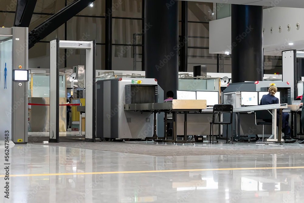 Airport security metal detector scan. Empty scanner control luggage at ...