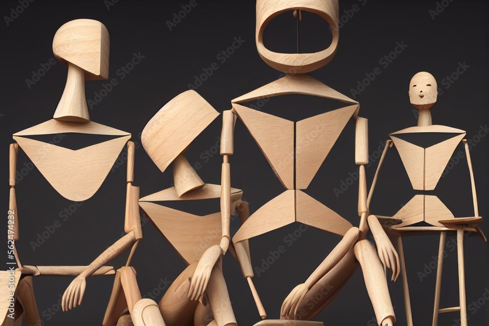 Staying in different poses wooden dummies set. Set of wooden mannequins ...
