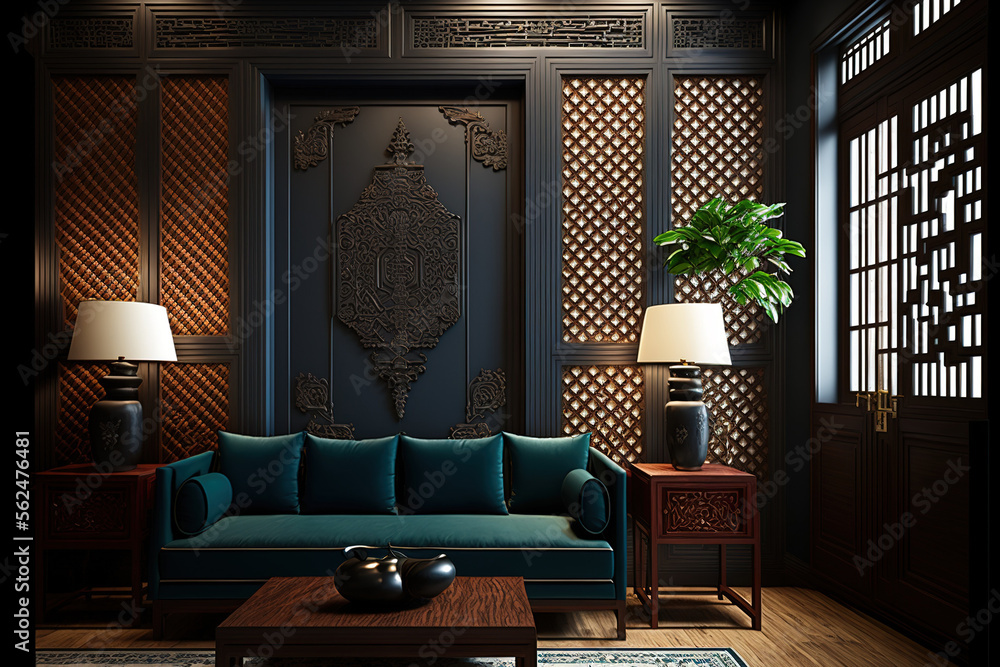 Chinese style interior design for a living room in a luxurious home or ...