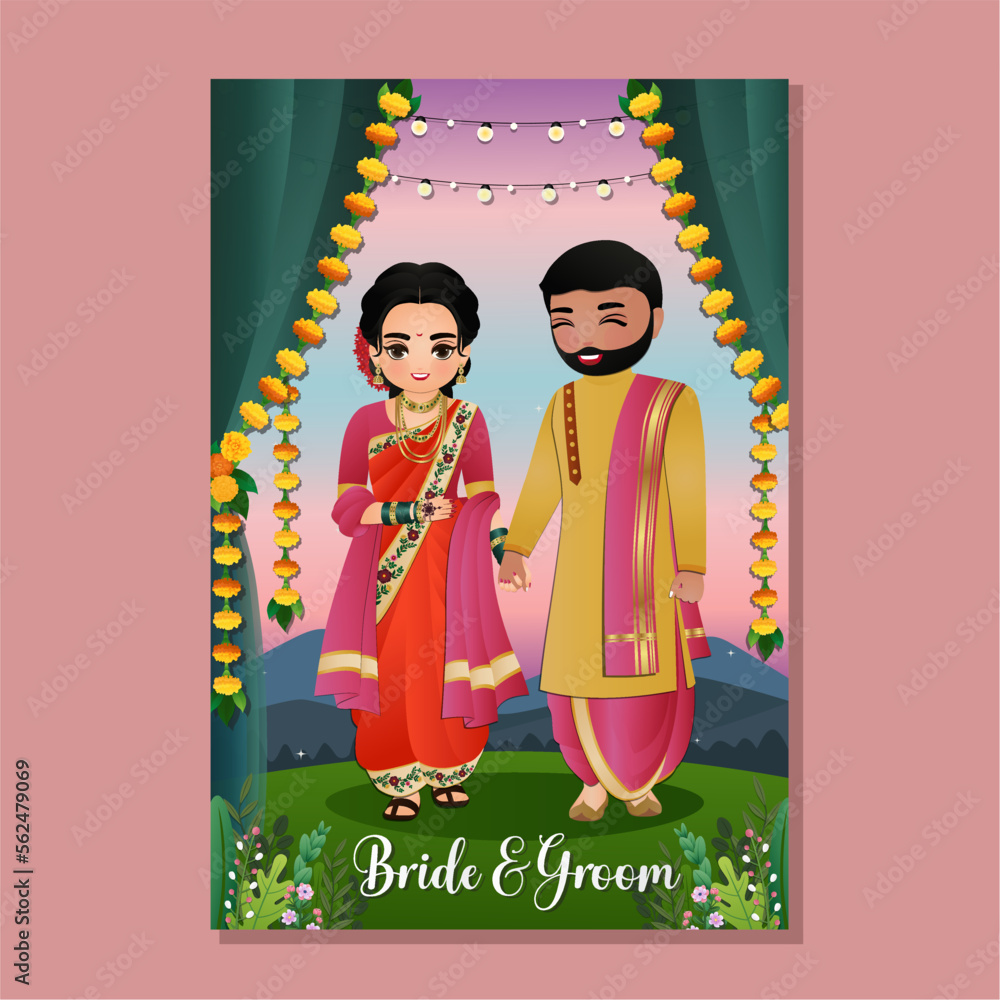 Cute hindu couple in traditional indian dress cartoon character ...