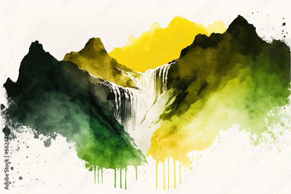 a painting of a waterfall with a yellow and green background and a ...