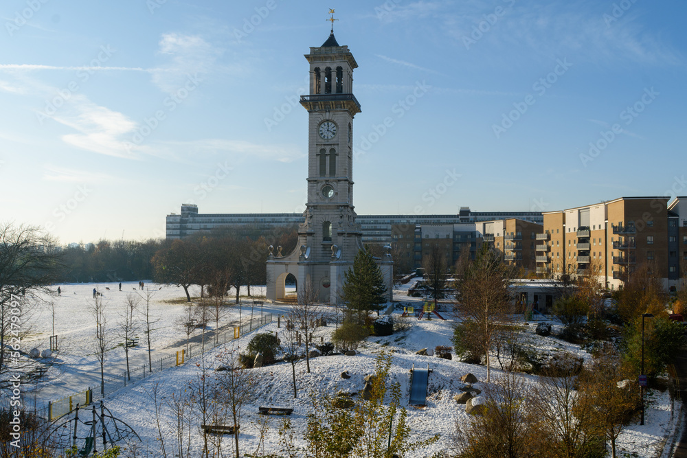 The playground at Caledonian Park covered with a layer of snow ...