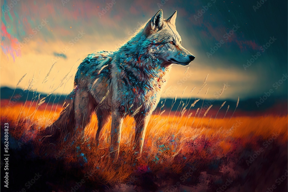 a painting of a wolf standing in a field of grass with a sky background ...