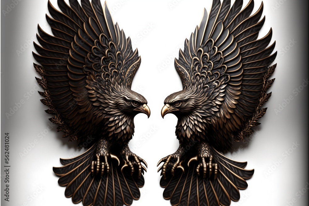 two metal eagle sculptures on a white background with a black border ...