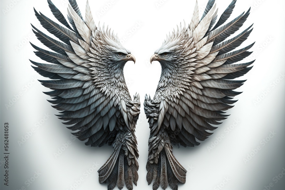 two large birds with wings spread out in the air, facing each other ...