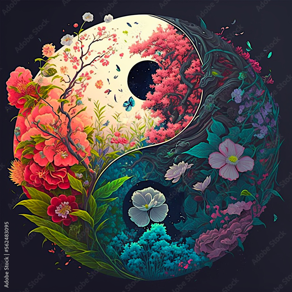 Yin yang design with beautiful flowers. Perfect harmony. Ai llustration ... Yin yang design with beautiful flowers. Perfect harmony. Ai llustration ...
