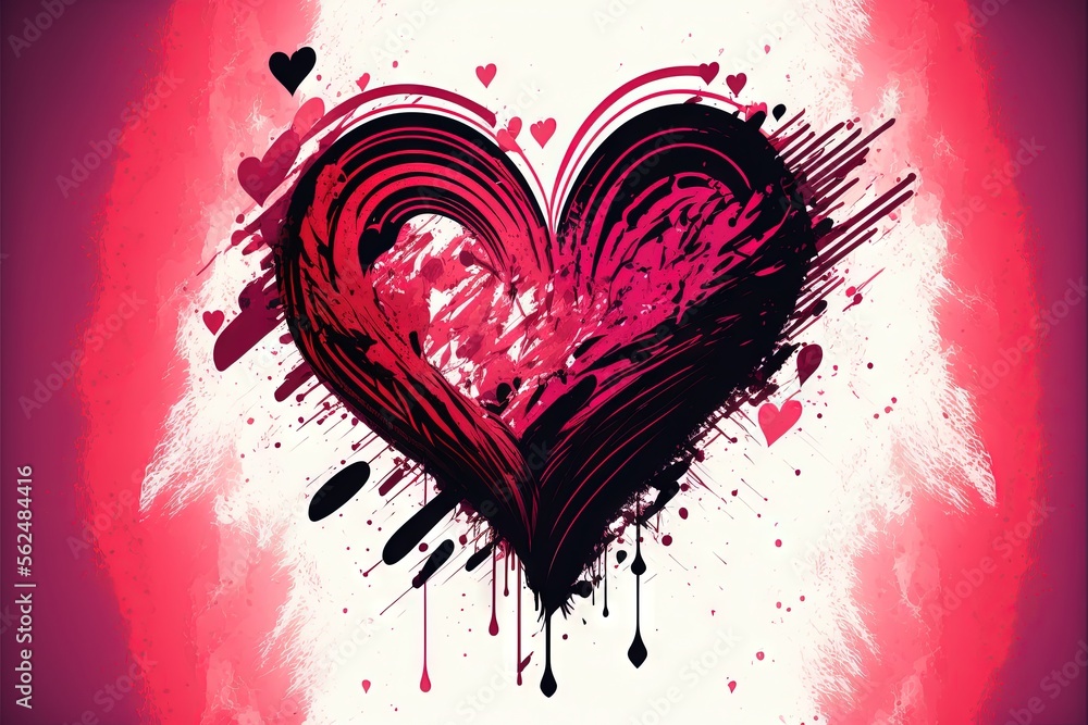 a heart painted with paint and splatters on a pink background with a ...
