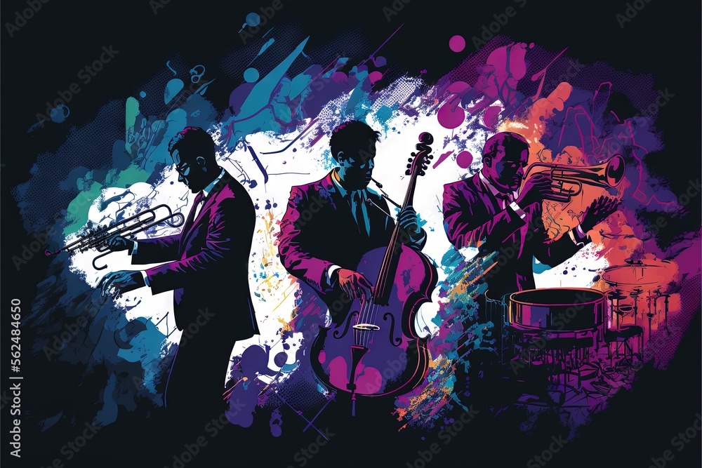 a couple of men playing instruments in front of a painting of music ...