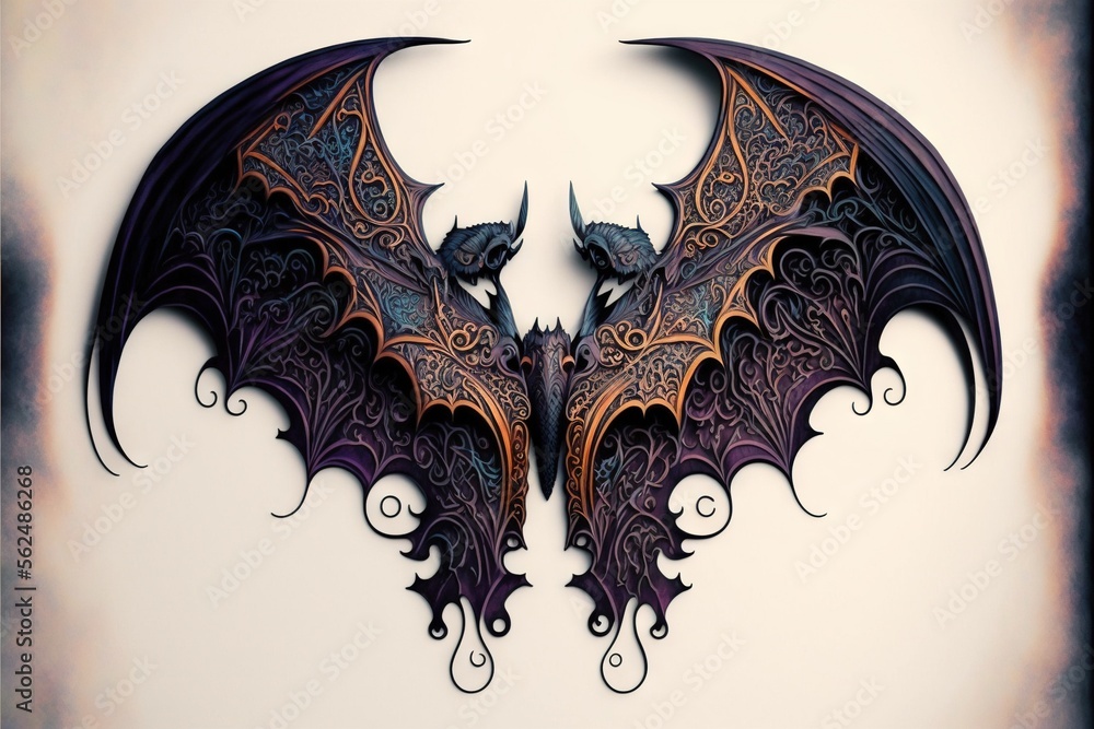 a bat with intricate designs on it's wings is shown in a frame with a ...