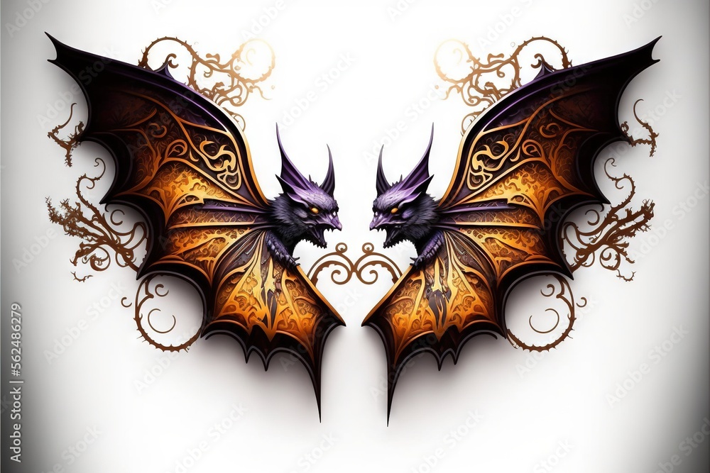 a bat with ornate wings and a demon like face on it's back side, with ...