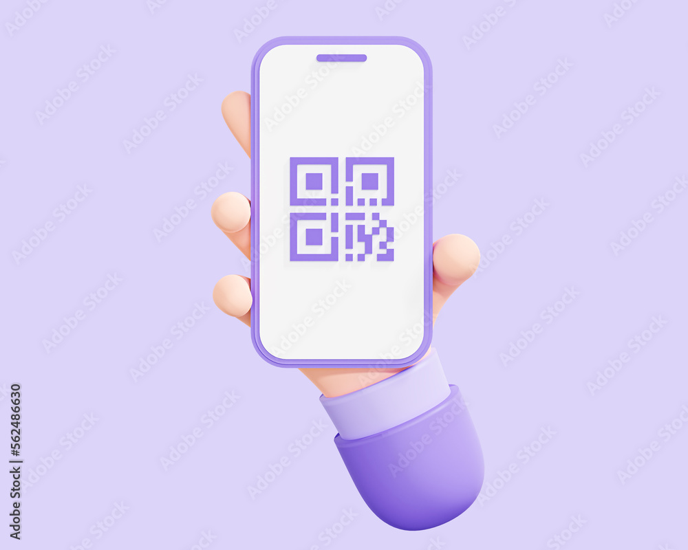 3D QR code on mobile phone screen. Hand holding smartphone with scan ...