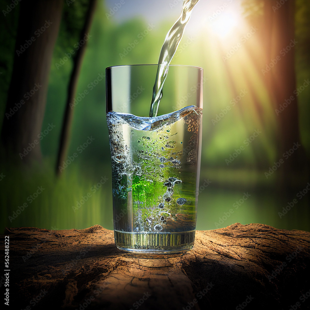 Water puring into glass over sunlight and nature, generative ai Stock ...