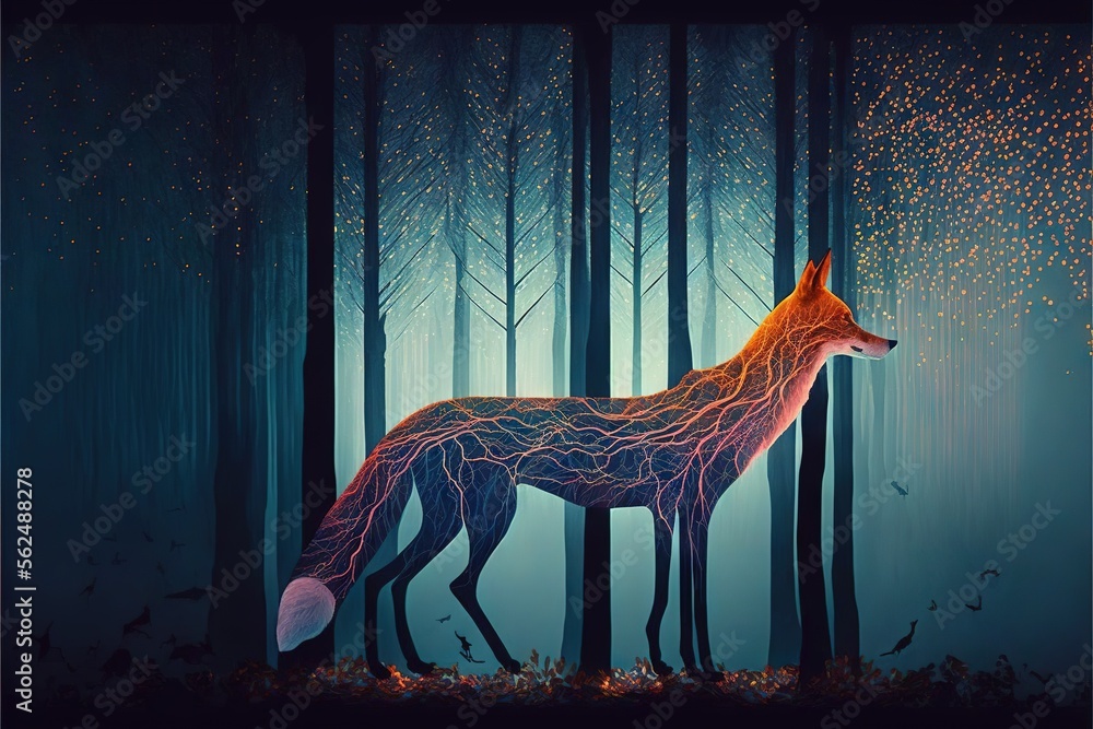 a painting of a fox in a forest with trees and birds around it, with a ...