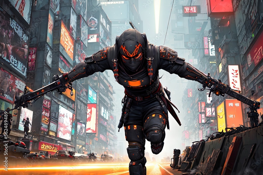 cyber ninjas with weapons running in a futuristic cyberpunk city Stock Illustration | Adobe Stock