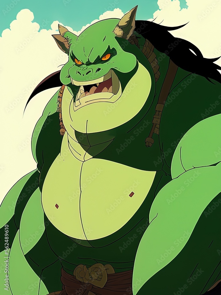 anime style a chubby angry goblin standing in front of clouds ...