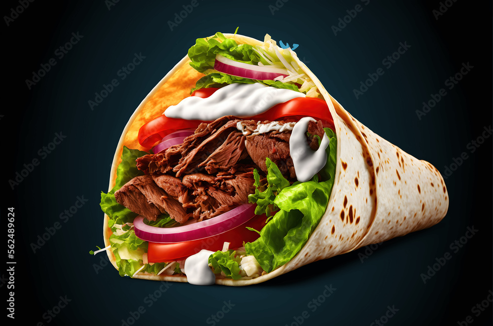 Delicious doner donair kebab wrap with meat, lettuce, tomato, red onion ...