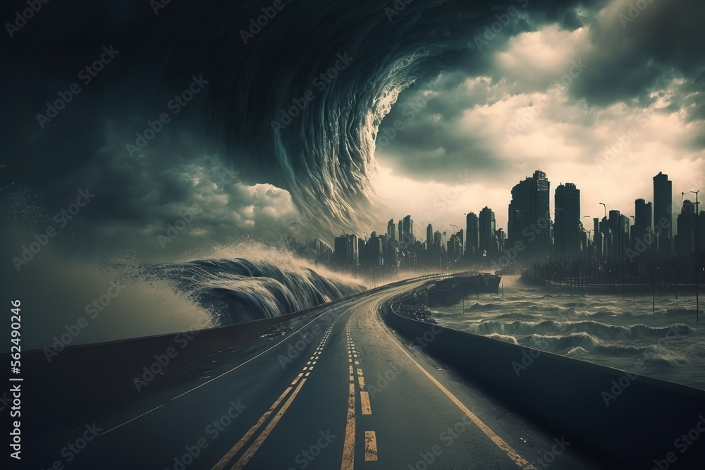 Highway leading to a stormy skyline. Stormy post apocalypse city. End ...