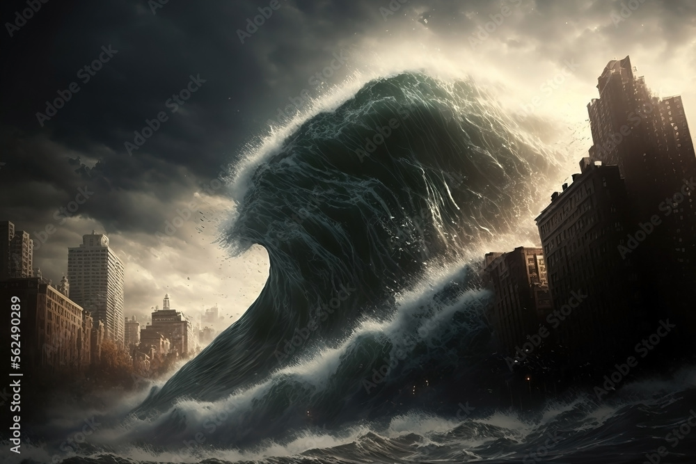 Huge wave. Stormy post apocalypse city. End of the world. City ...