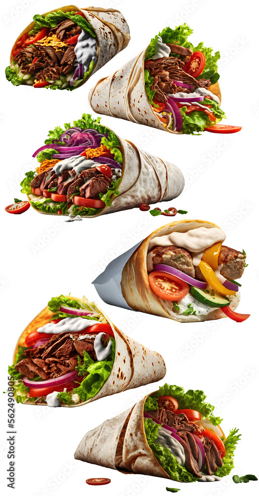Set delicious doner donair kebabs wrap with meat, lettuce, tomato, red ...