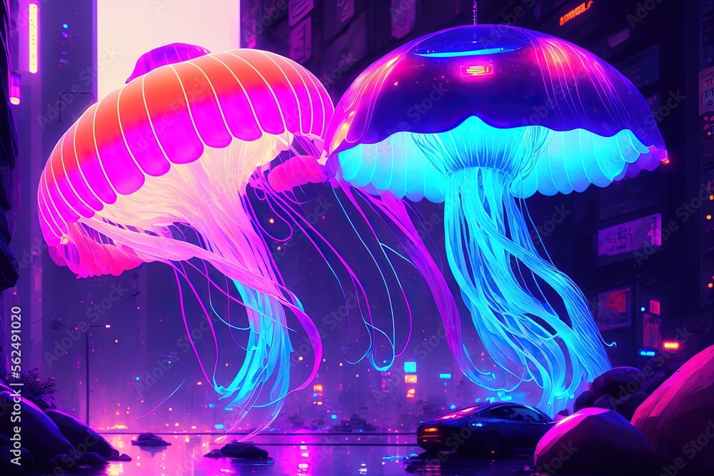 ภาพประกอบสต็อก glowing jellyfish flying in the air in cyberpunk city at ...