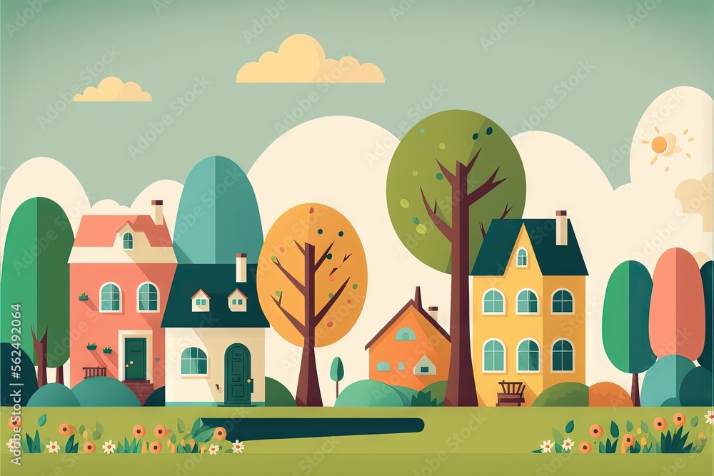 a cartoon of a city with trees and buildings in the background, with a ...