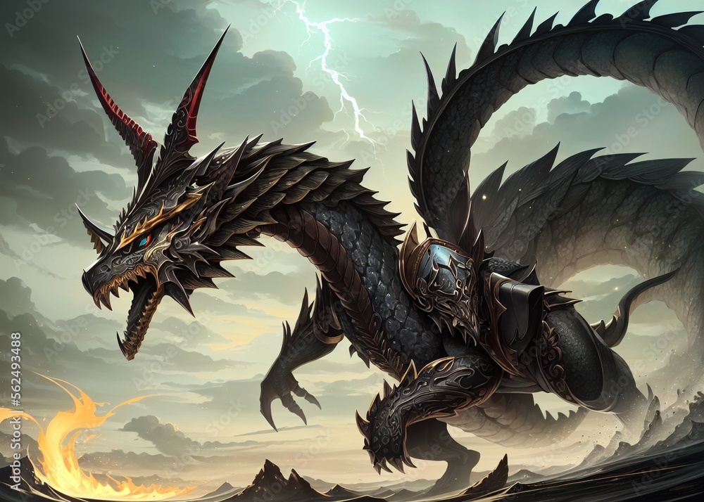 illustration of a giant angry dragon, big sky with clouds, ground ...