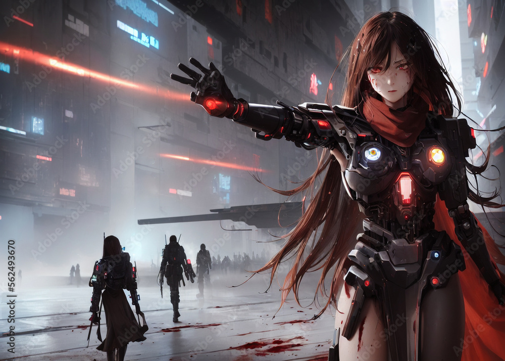 anime style cyborg woman with long black hair standing in a cyberpunk ...