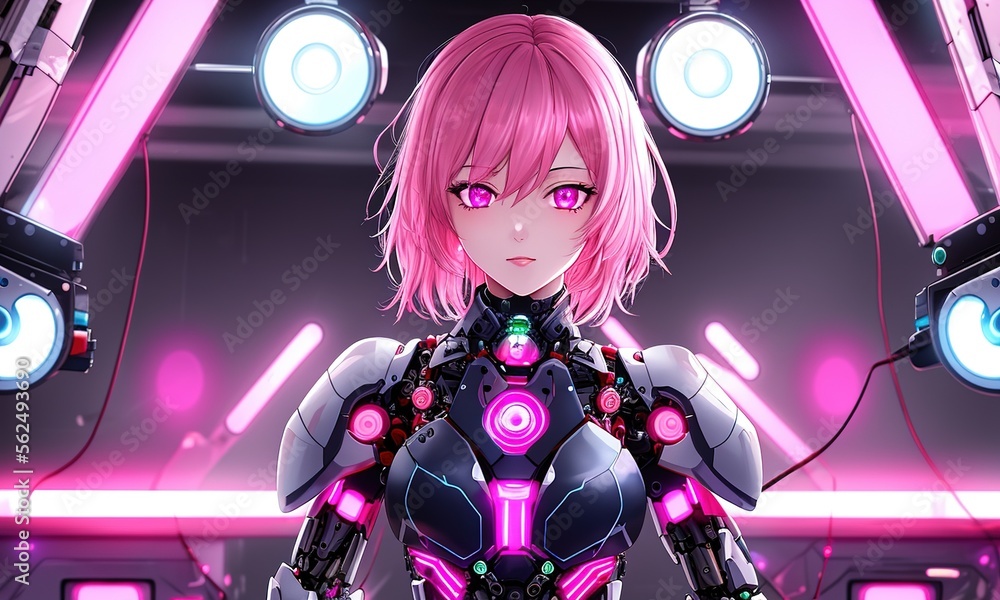 anime style portrait cyborg woman with pink hair standing in a ...
