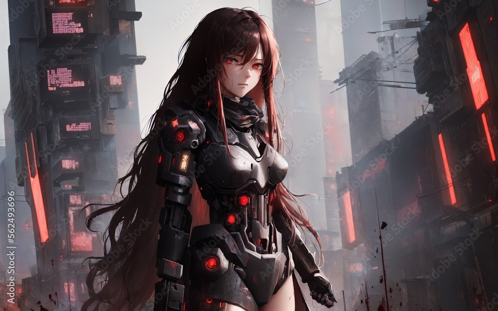 anime style cyborg woman with long black hair standing in a cyberpunk ...