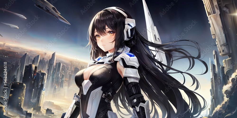 anime style art of a girl with long hair in a futuristic suit with ...