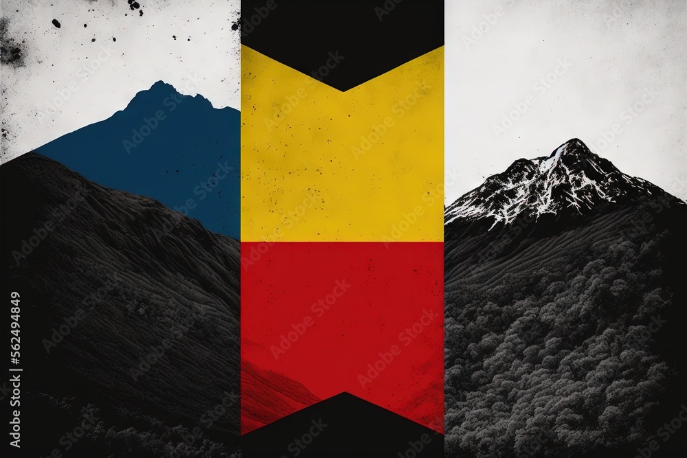 a mountain with a red, yellow, and blue triangle on it's side and a ...