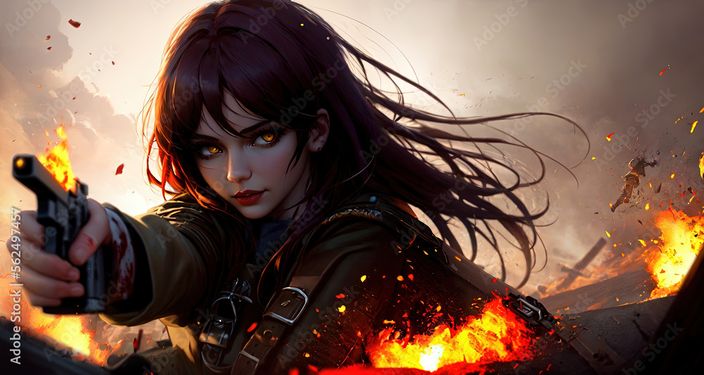 anime girl with gun in hand holding gun in front of a fire Stock ...