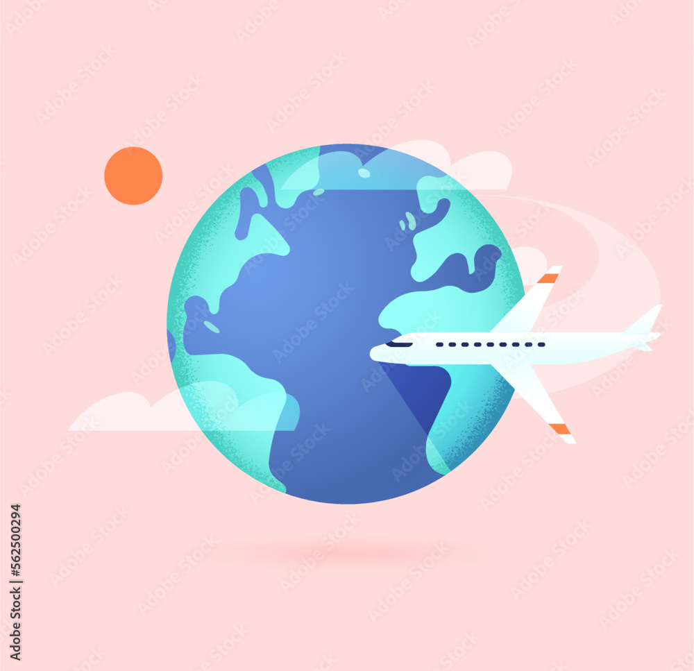 Airplane flying around the world. Tourism, vacation concept. Traveling ...