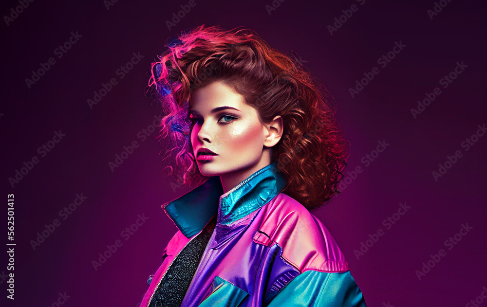 1980s vintage fashion portrait. Caucasian woman with retro 80's style ...