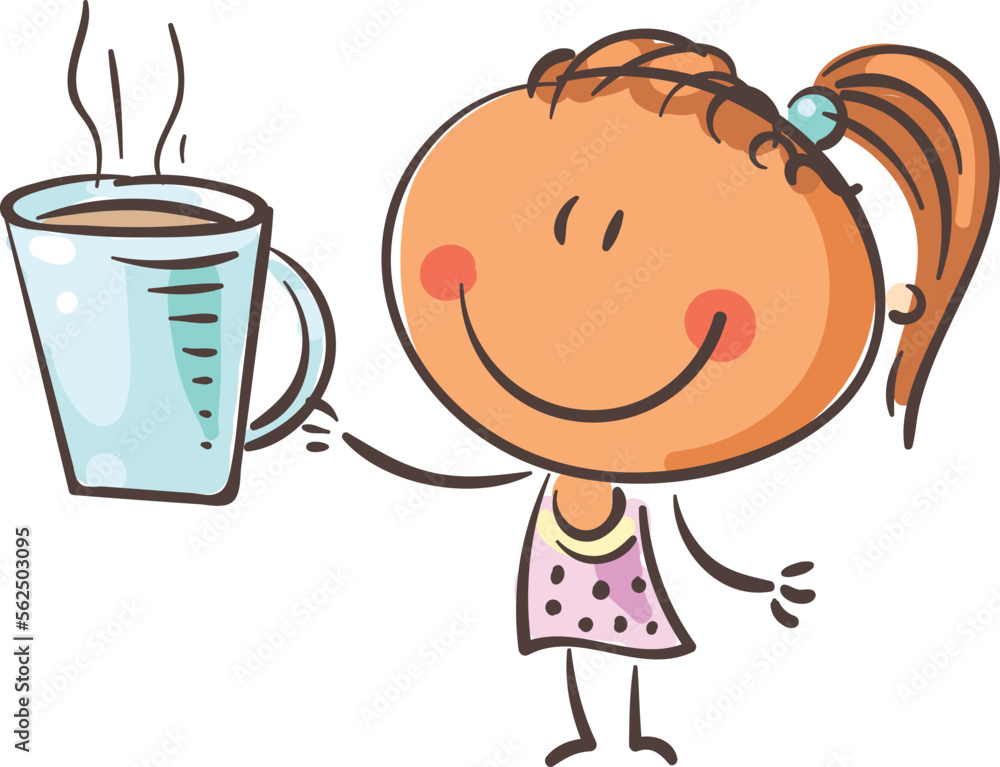 Doodle girl holding cup tea, cartoon clipart illustration Stock Vector ...