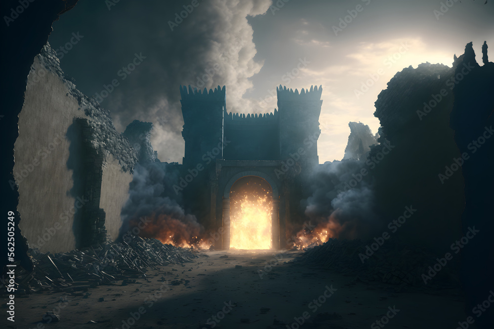 Storming of medieval castle fortress, siege of city walls. The battle ...