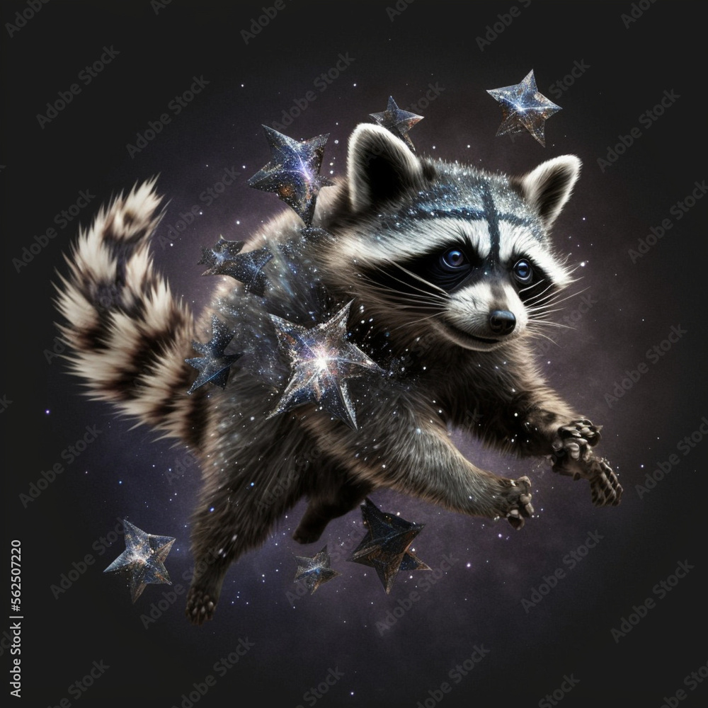 cartoon raccoon flying among the stars Stock Illustration | Adobe Stock
