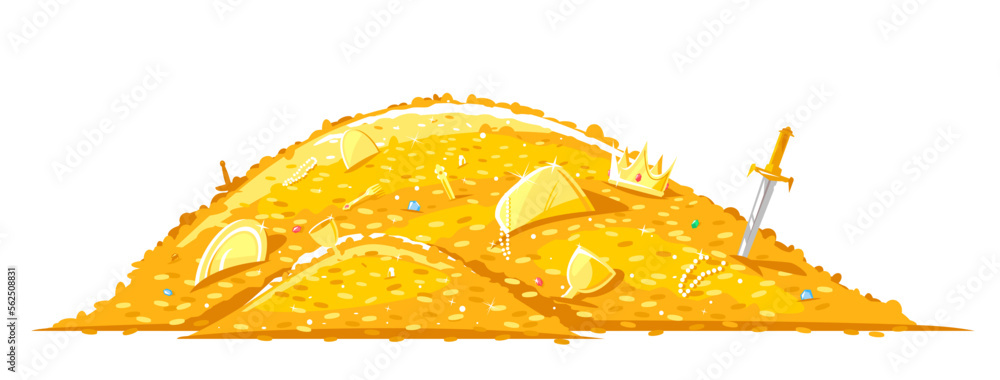 Pile of gold coins and different treasures, big bright treasure of gold ...