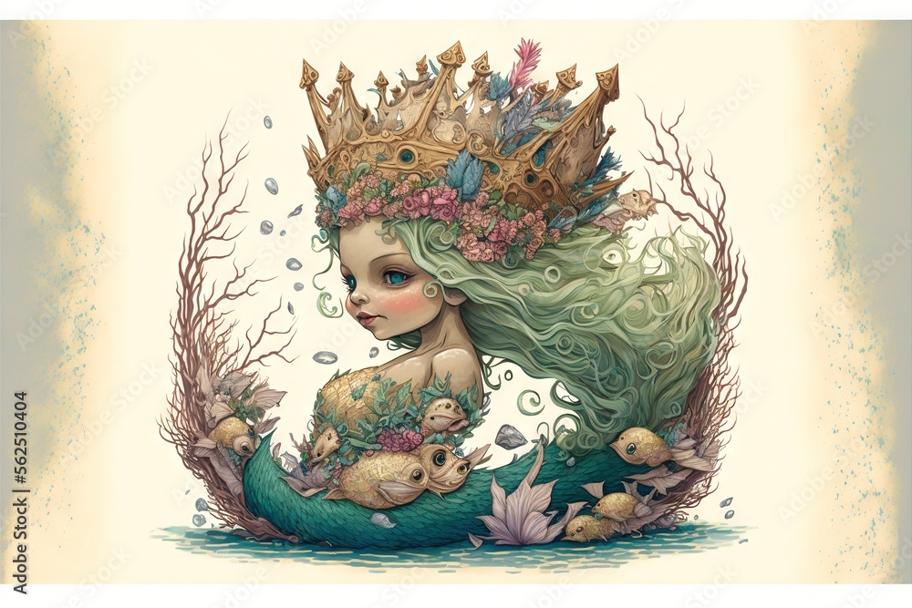 a mermaid with a crown on her head sitting on a rock with seaweed and ...