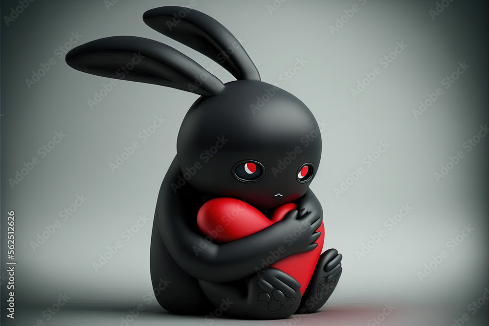 Cute fluffy black rabbit hugging red heart. Valentine's Day greetings ...