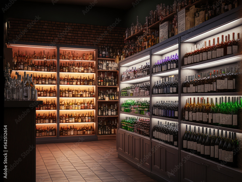 Liquor store interior. Fictitious text and labels. Generative AI Stock ...