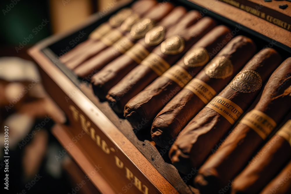 Closeup of cigars in a tobacco shop. Fictitious labels and text ...