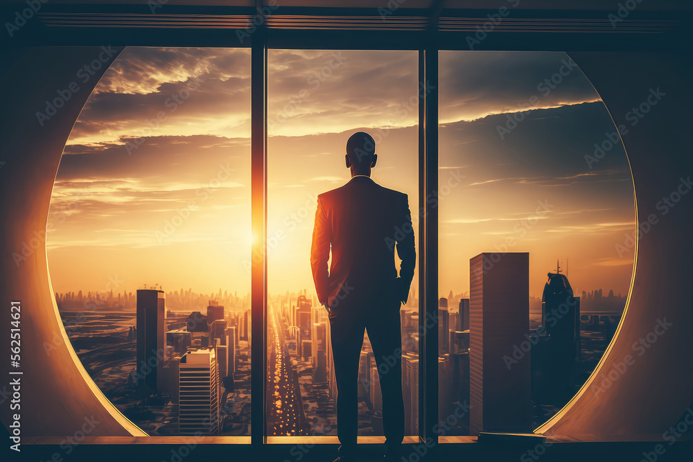 Arabic business man looking out through the office balcony seen through ...