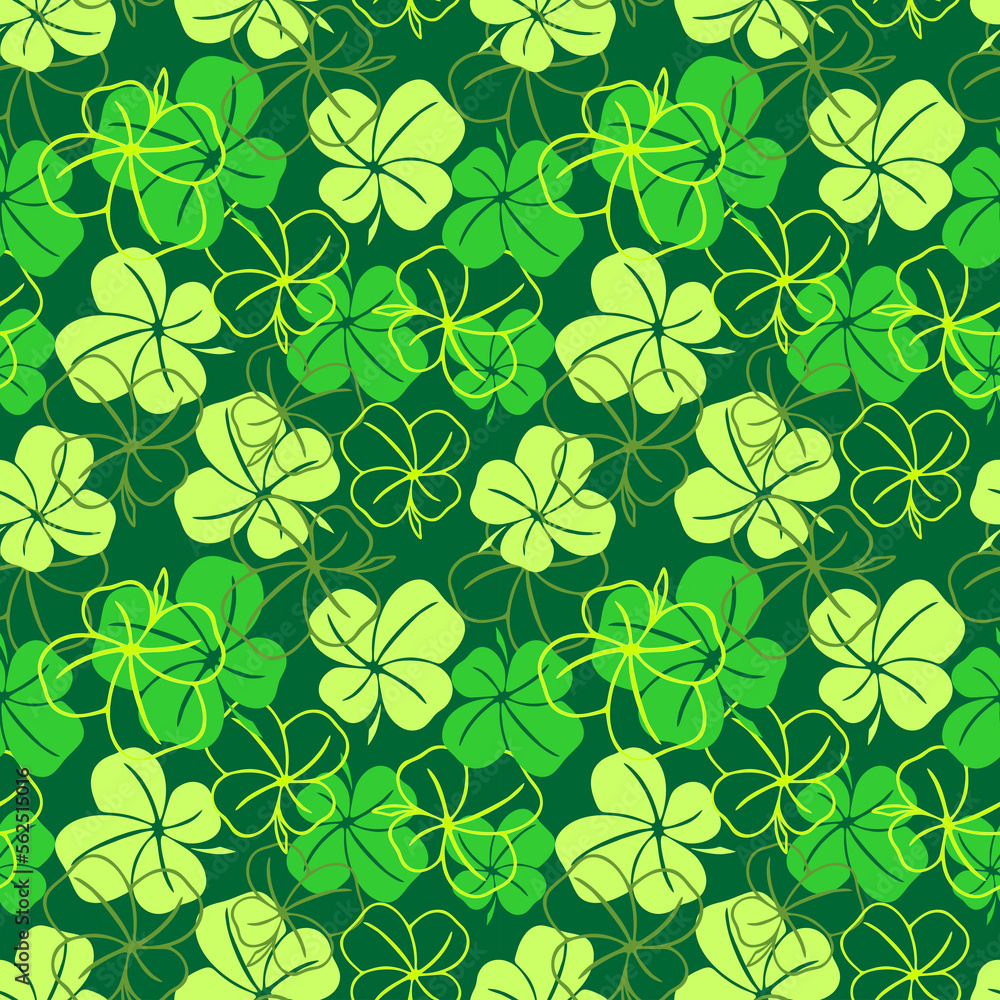 seamless pattern of green contours and silhouettes of a four-leaf ...