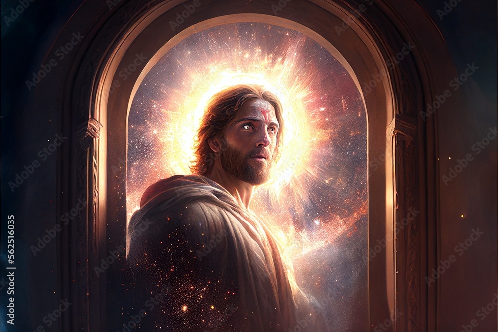 Jesus Christ walking towards heaven's gate, Generative AI Stock ...