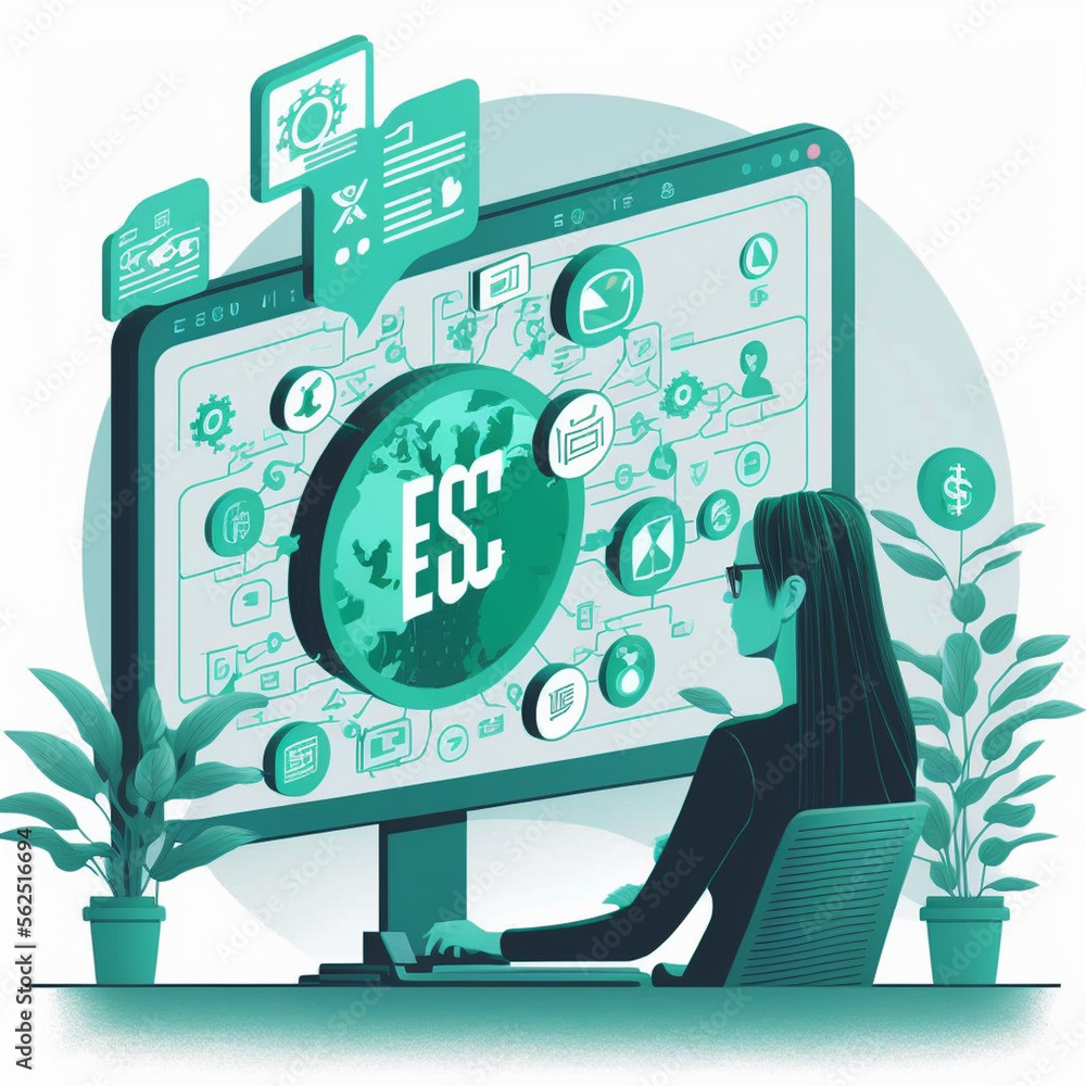 person with laptop and phone, ESG environment social governance investment business concept ...