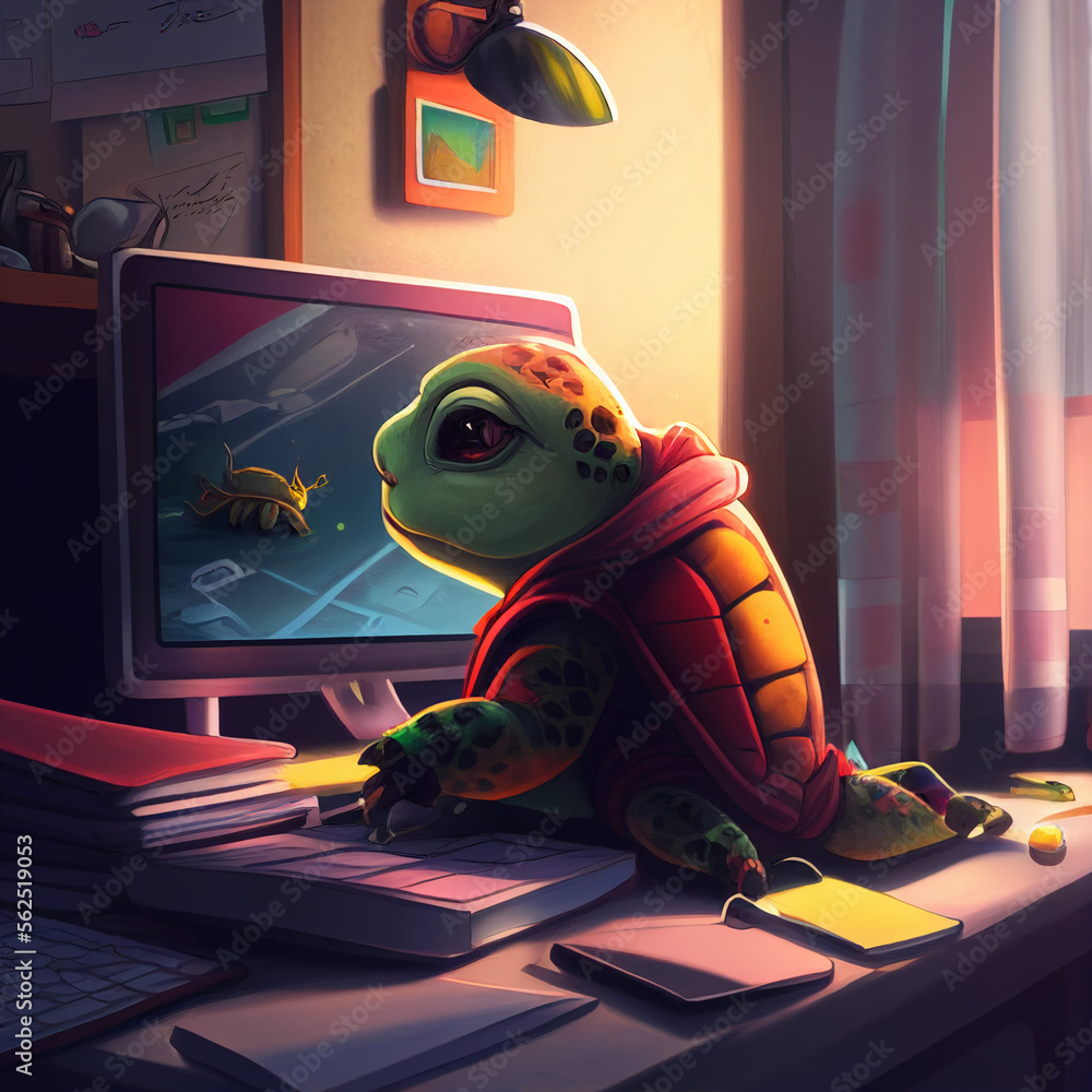 Cute Turtle Studying At Home, turtle fantasy art Stock Illustration ...