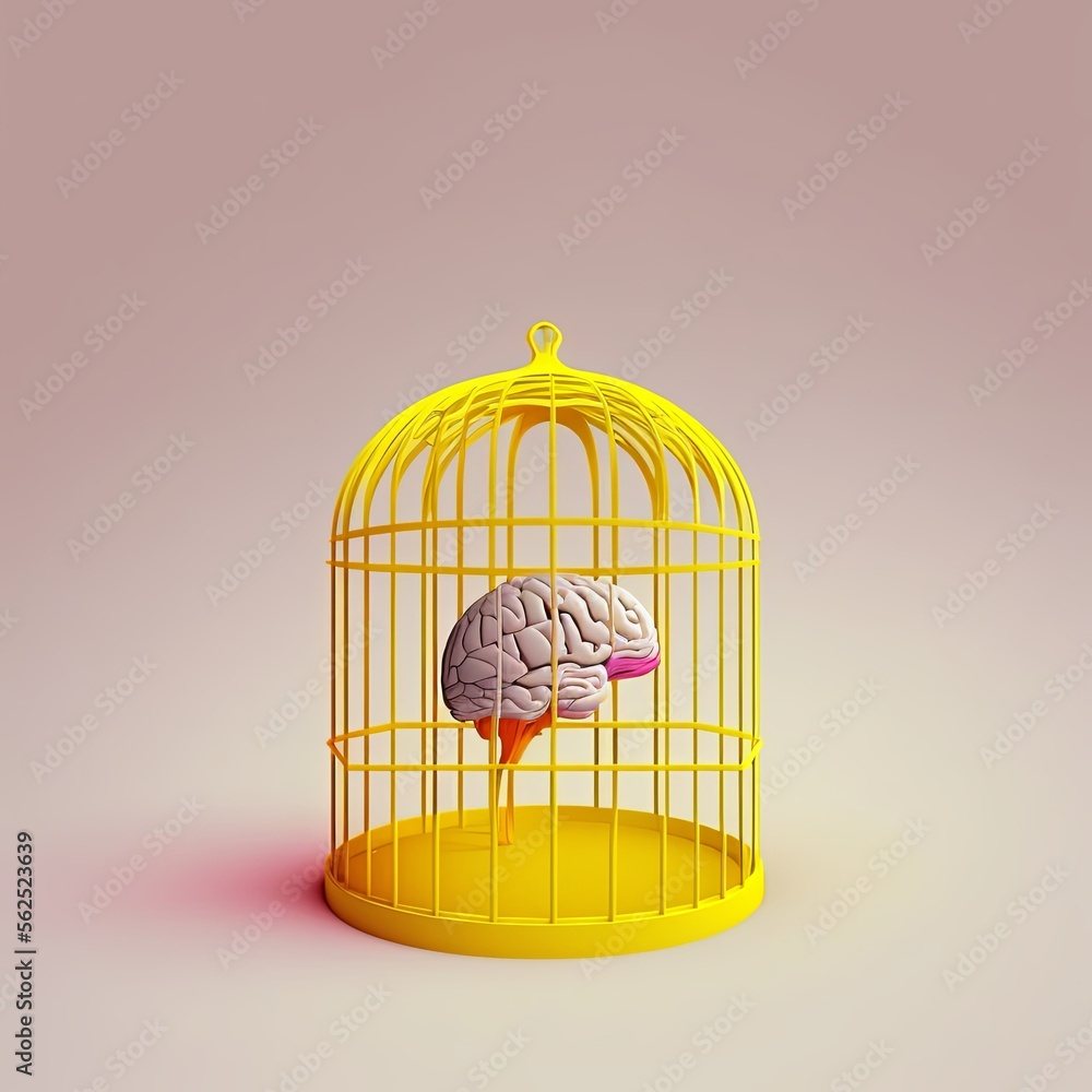 Brain in a bird's cage. Concept for mental prison and negative thoughts. Generative AI. Stock ...