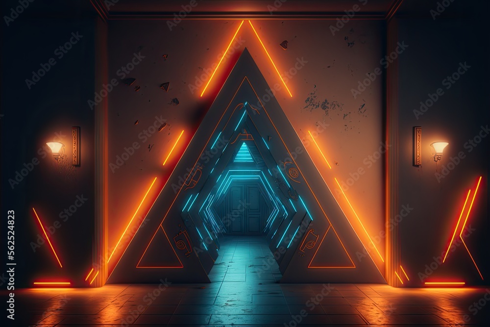 Futuristic sci-fi orange and blue neon light triangle gate generative ...