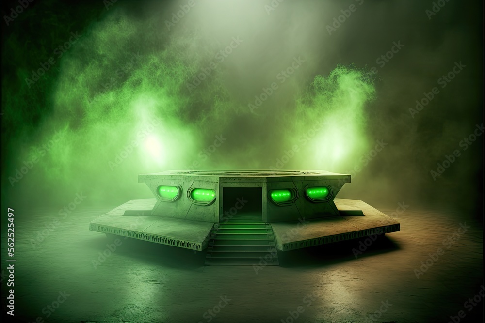 green futuristic empty podium stage with Smoke and neon light ...